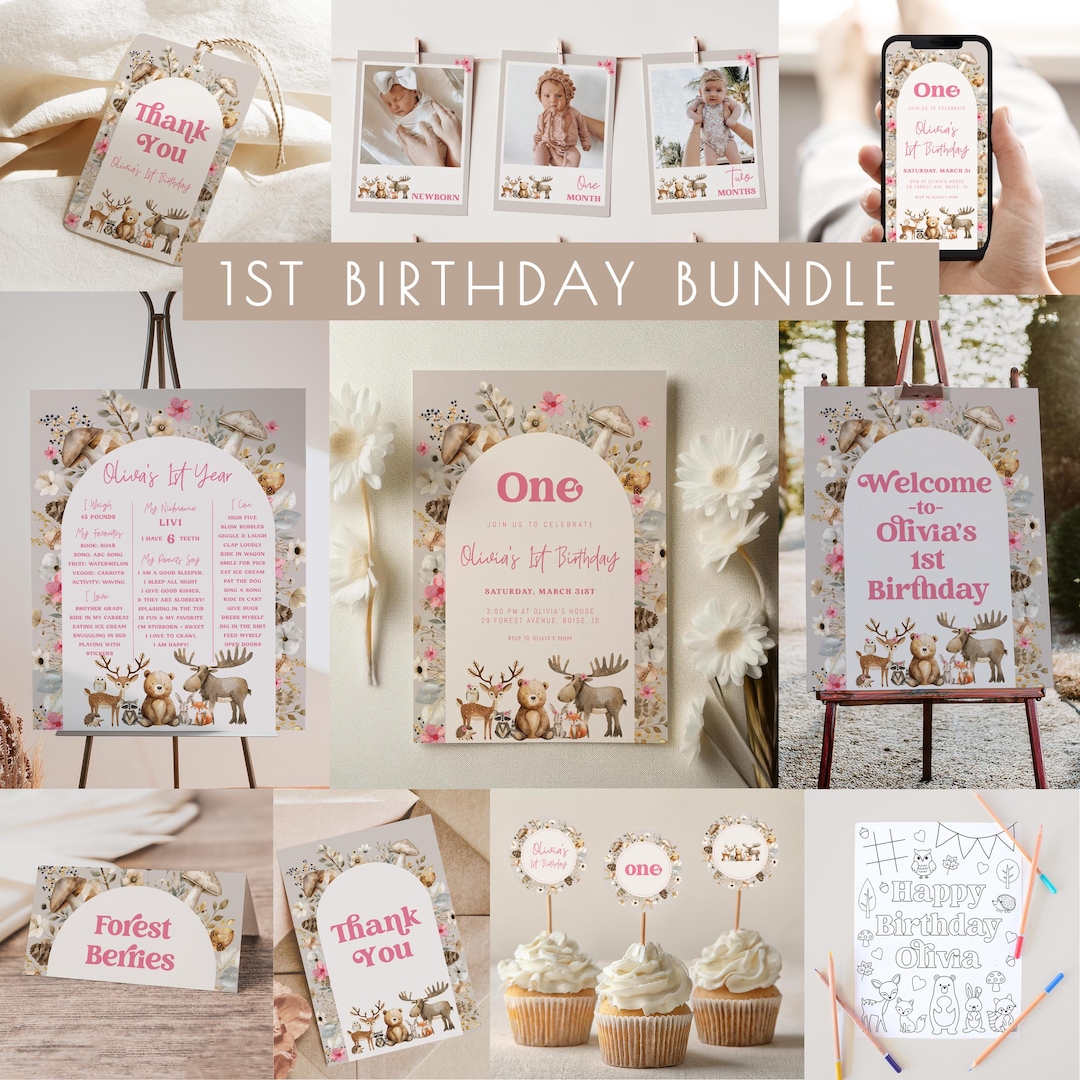 Woodland Girl 1st Birthday Bundle - Editable Template | DIY Forest ...