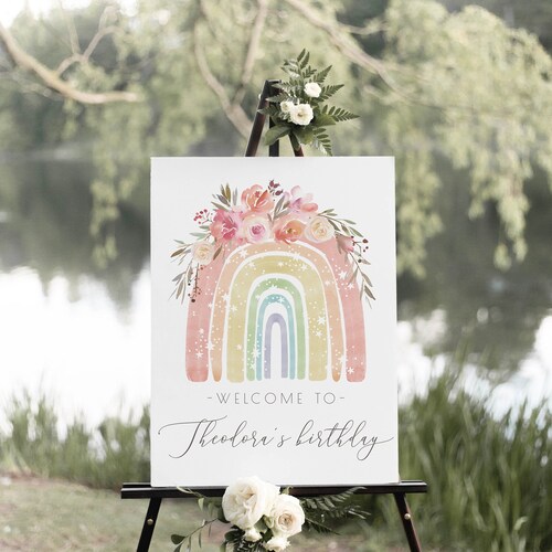 Floral Rainbow Welcome Birthday Sign Template Modern Pastel - Etsy