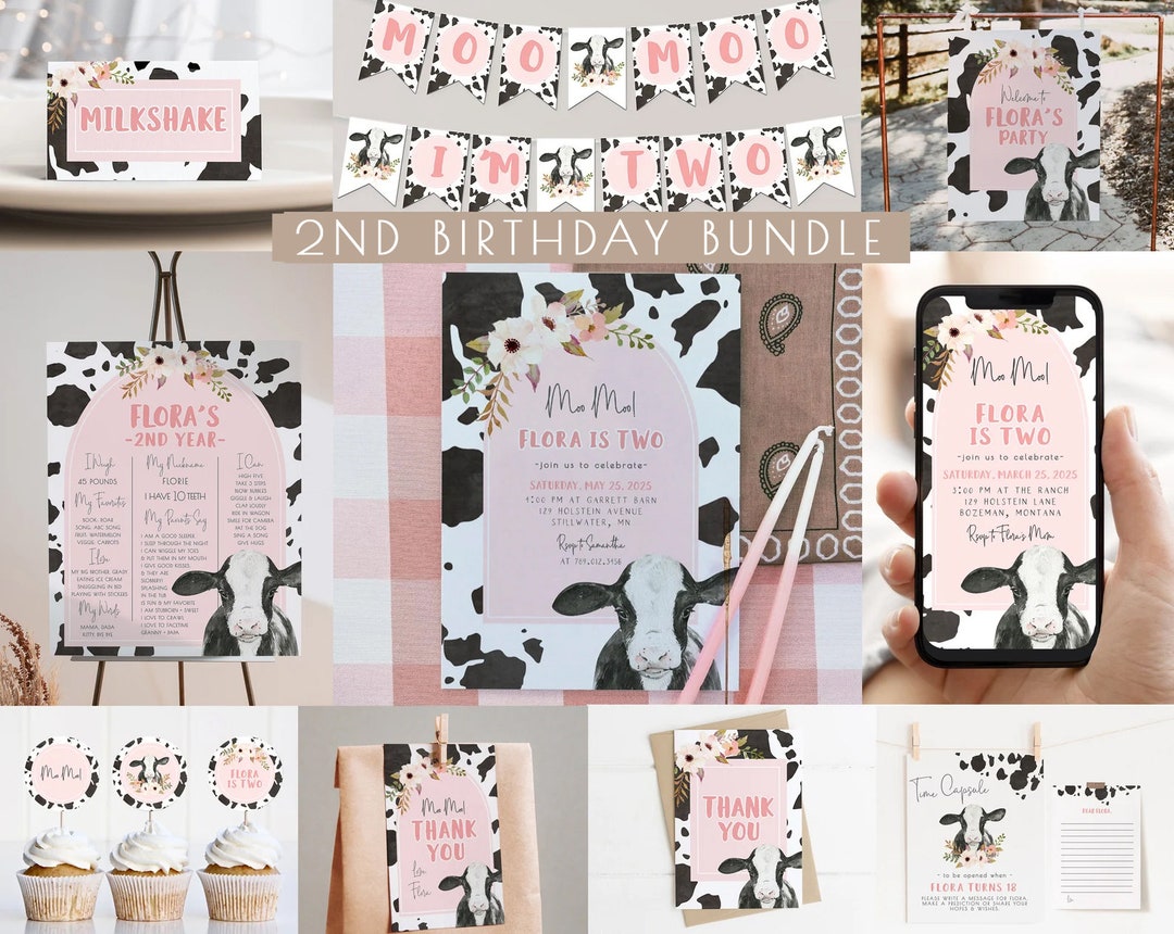 Cow 2nd Birthday Bundle Templates | Holy Cow Moo Moo I'm Two Girl 2nd ...