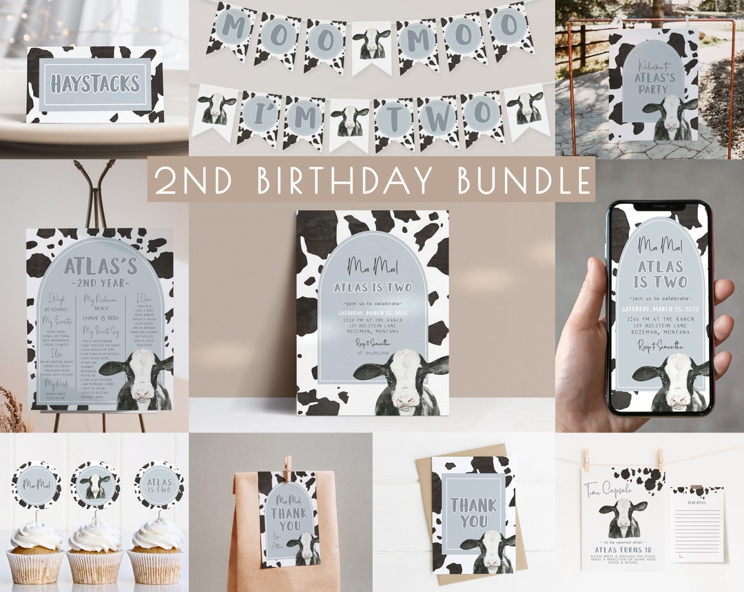 Cow 2nd Birthday Bundle Templates | Holy Cow Moo Moo I'm Two Boy 2nd ...