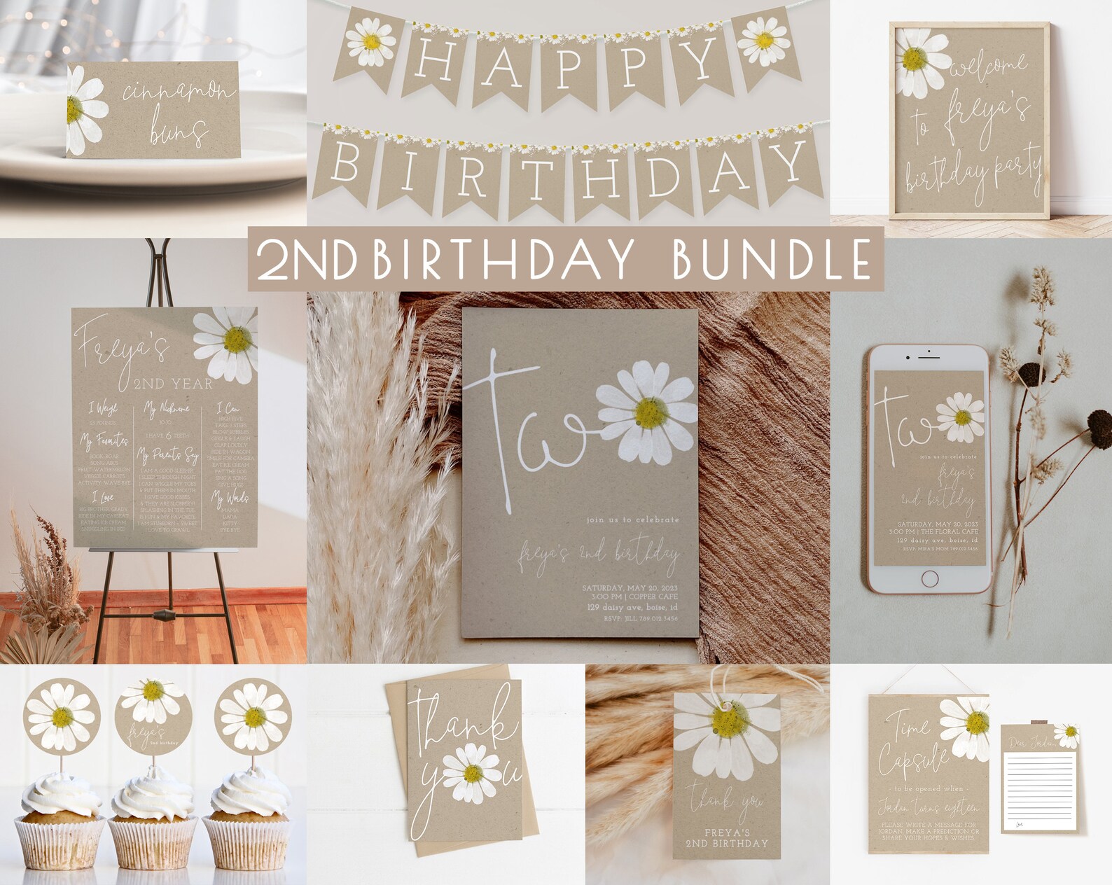 2nd Birthday Bundle Daisy Editable Template Set Brown Daisy - Etsy