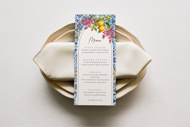Editable Mediterranean Menu Template | Blue Tile Baby Shower Menu ...