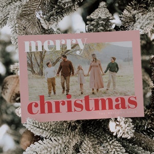 Pink Christmas Card Template With Photo Merry Christmas Pink - Etsy