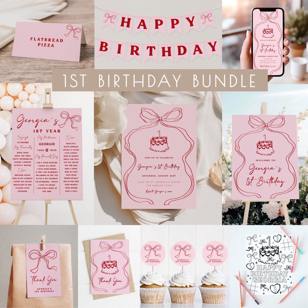 Bow 1st Birthday Template Bundle | Editable Coquette Girly Bow First ...