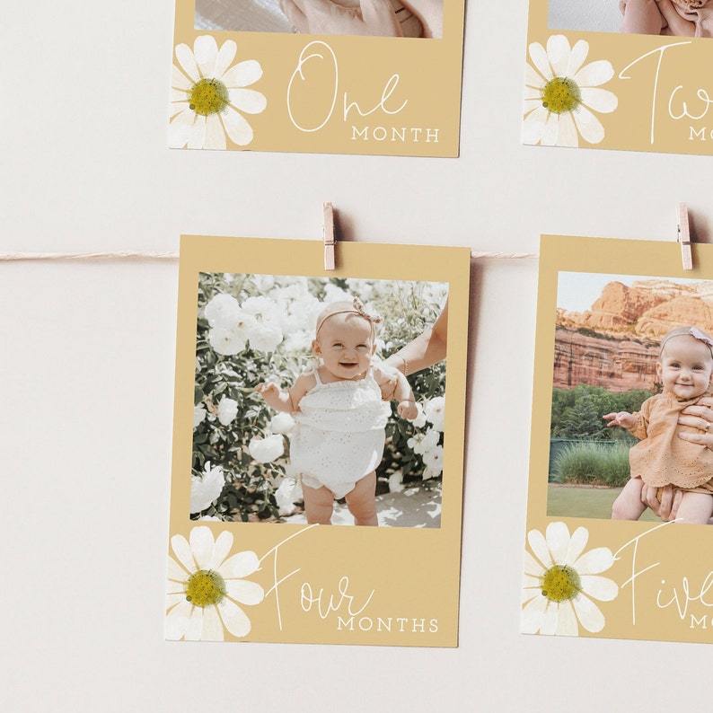 Daisy 1st Birthday Photo Banner Template | Yellow Wildflower 12 Month ...