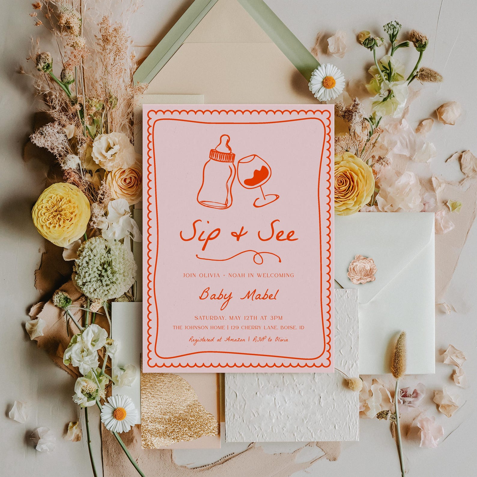 Sip and See Baby Shower Invitation Template | Editable Hand Drawn Baby ...