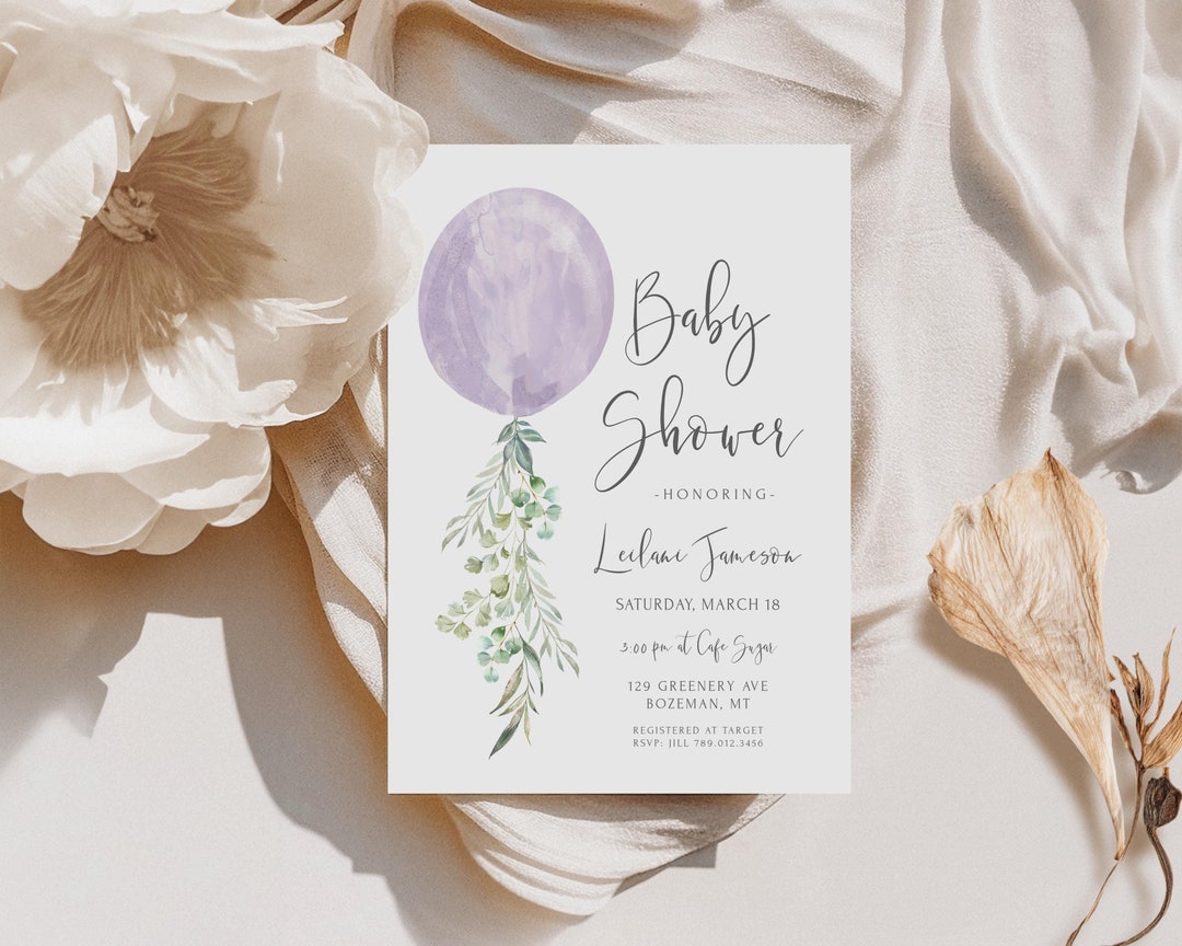 Purple Baby Shower Invitation Template | Editable Lavender Ready to Pop Greenery Balloon Baby ...