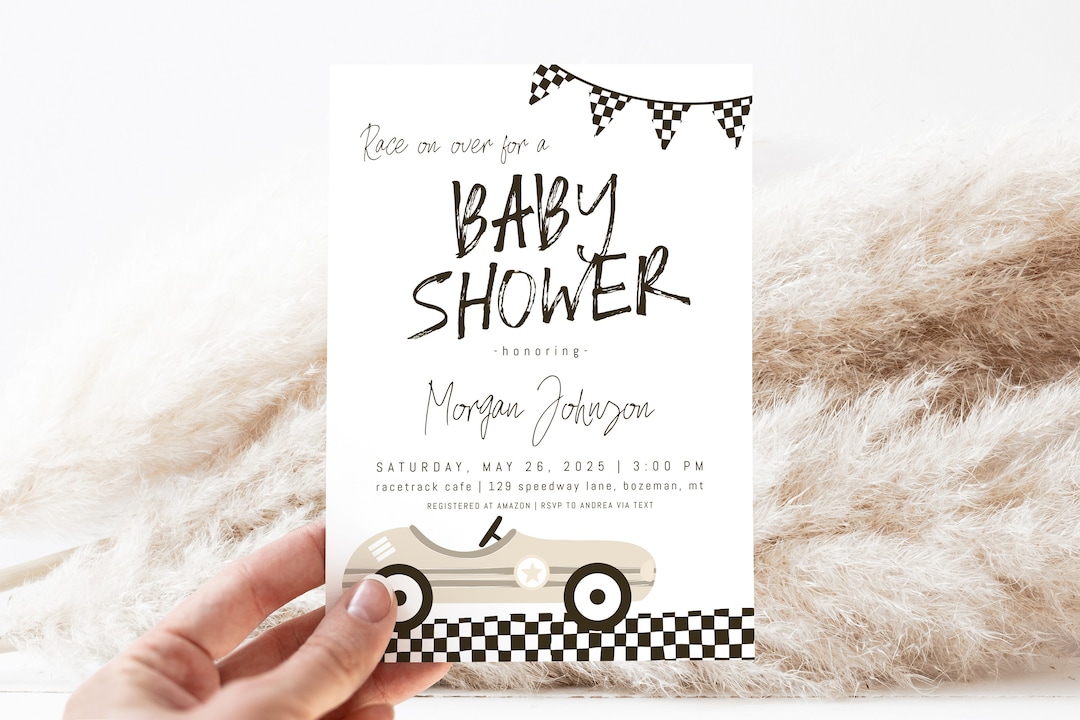 Editable Race Car Baby Shower Invitation Template | Beige Racing Boy ...