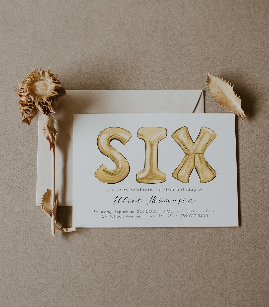 Editable 6th Birthday Invitation | Gold SIX Balloon Birthday Invitation ...
