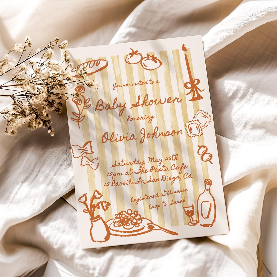 Italian Baby Shower Invitation Template | Editable Hand Drawn Pasta ...