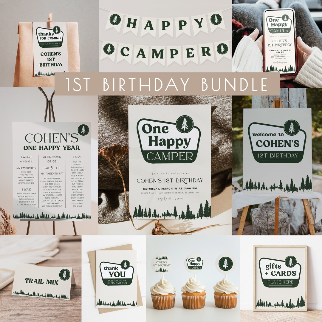 One Happy Camper Birthday Bundle Template | Editable National Park Sign ...