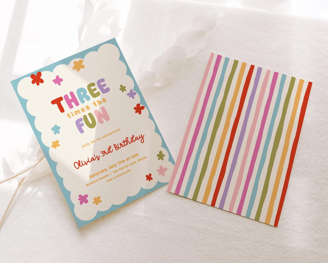 Three Times the Fun Birthday Invitation Template - Editable Colorful ...