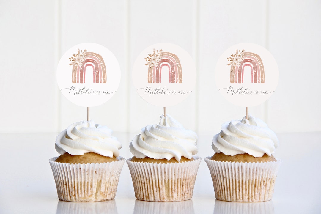 Rainbow Cupcake Topper | Pink Modern Boho Rainbow Cupcake Decor ...