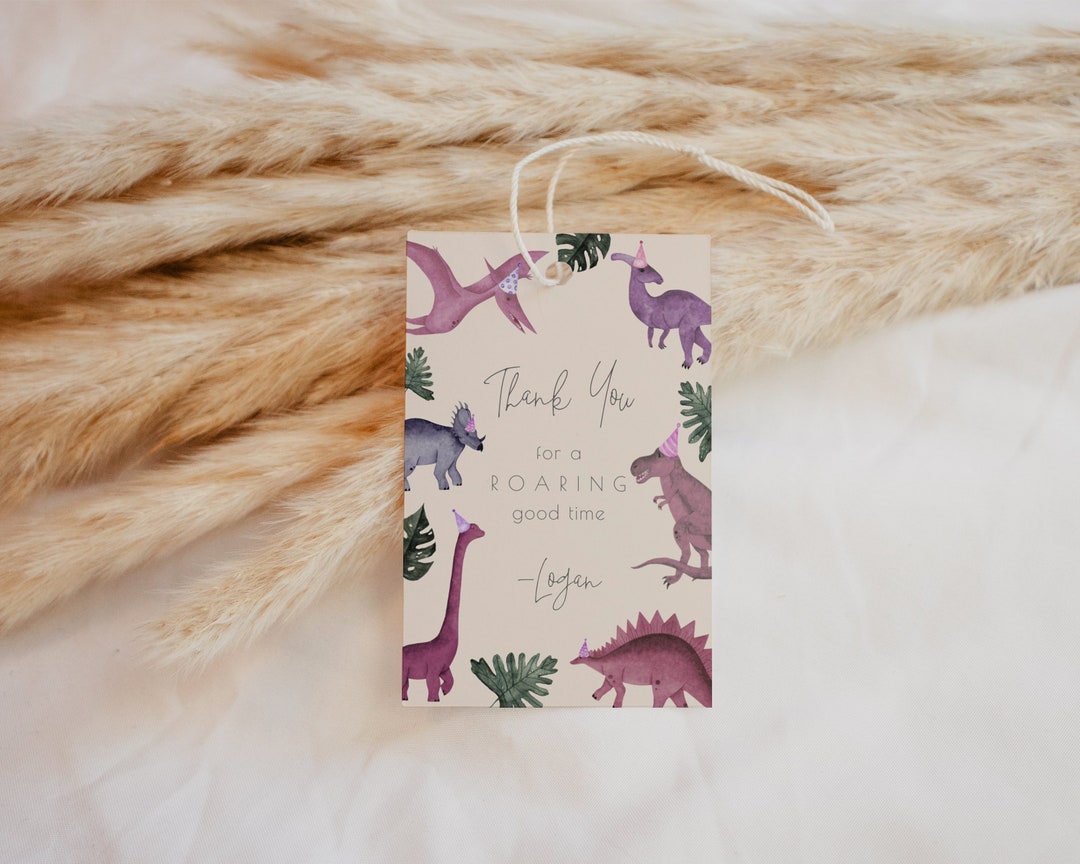Dino Thank You Favor Tag Template | Editable Roaring Good Time Birthday ...