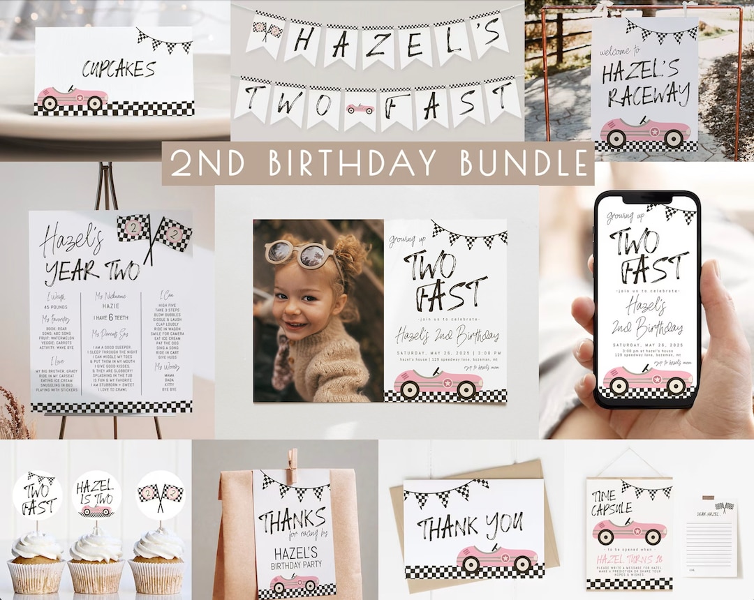 TWO Fast Girl Birthday Bundle Editable Template Package | Pink Race Car ...