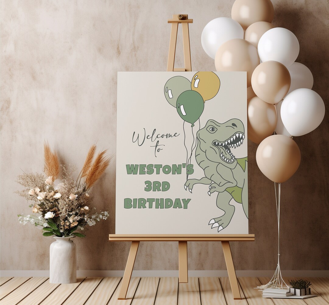 Three Rex Welcome Sign Template | Editable Dinosaur 3rd Birthday Party ...