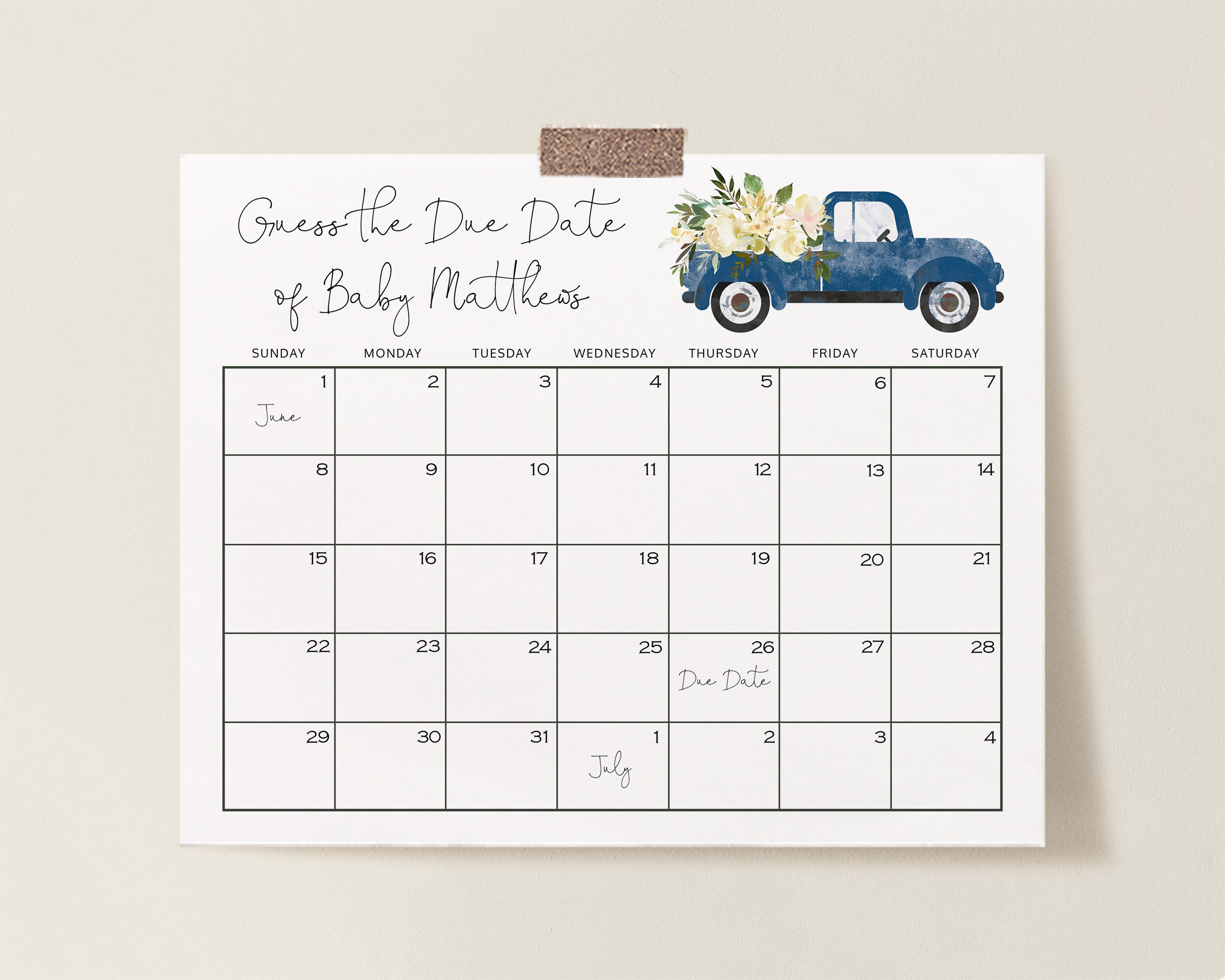 Guess Baby's Due Date Calendar Template Floral Blue - Etsy