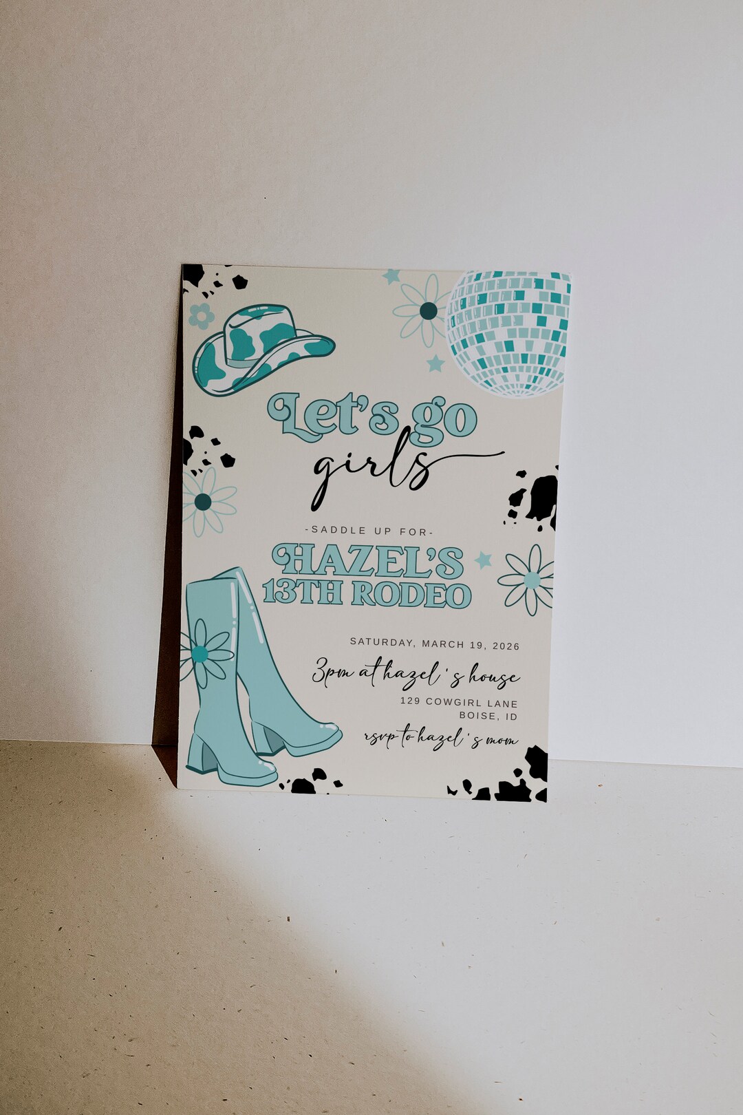 Let's Go Girls Birthday Invitation Template | Editable Teal Cowgirl ...