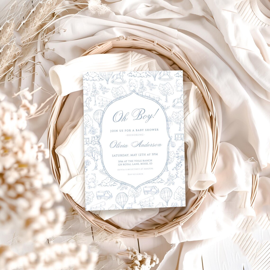 Boy Toile Baby Shower Invitation Template | Editable Toile De Jouy Blue ...