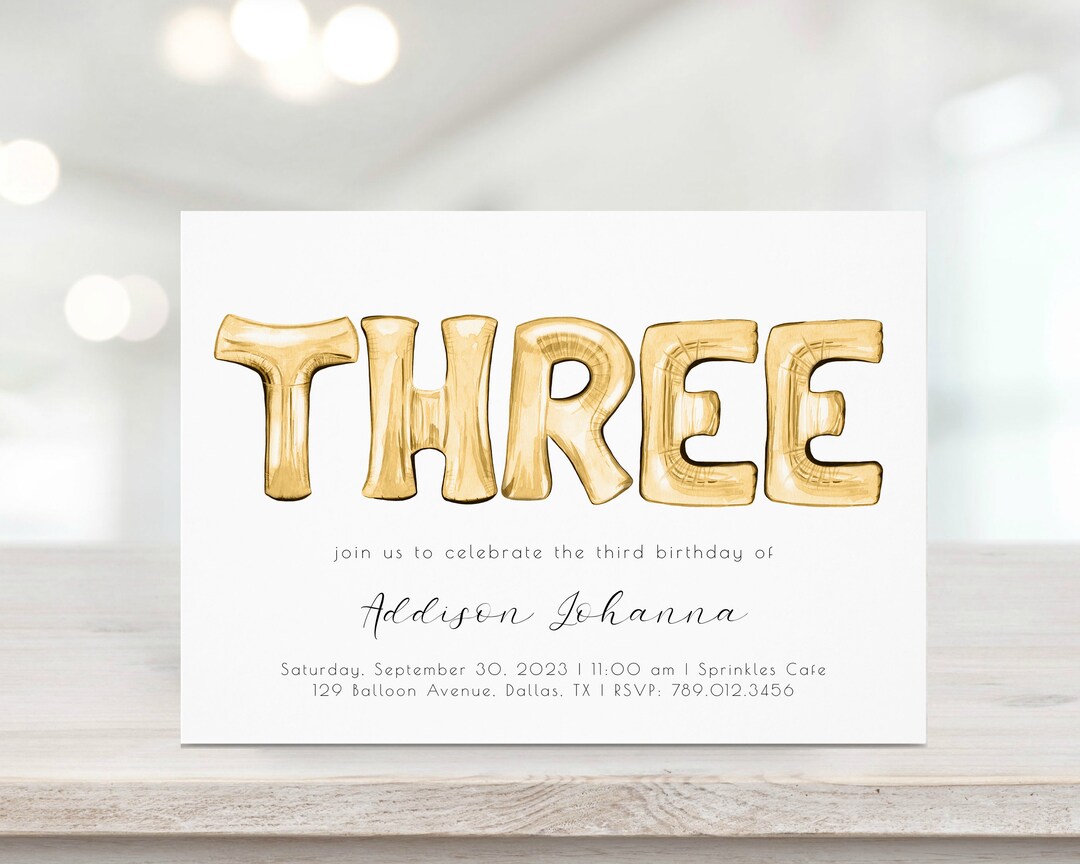 3rd Birthday Invitation Template | Editable Gold THREE Balloon Birthday ...