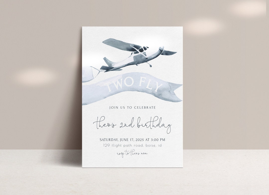 Airplane 2nd Birthday Invitation Template | TWO Fly Vintage Plane Boy ...
