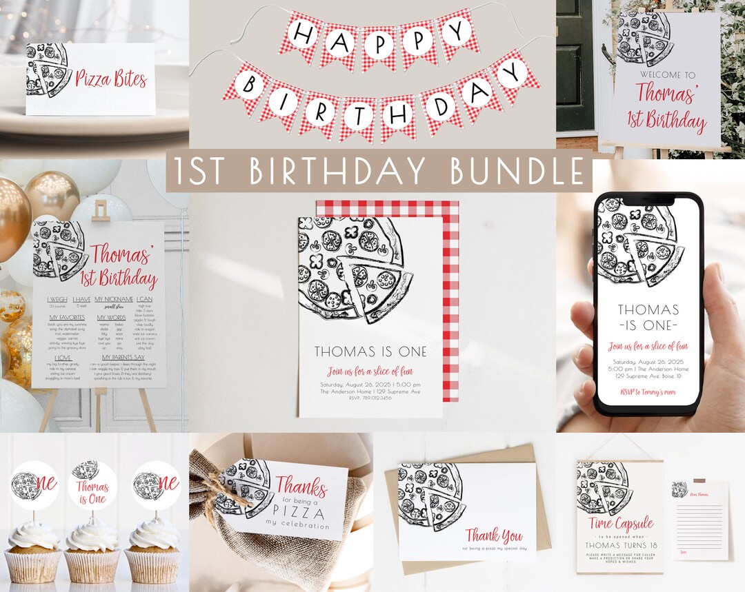 Pizza 1st Birthday Bundle | Editable Slice of Fun Invitation ...