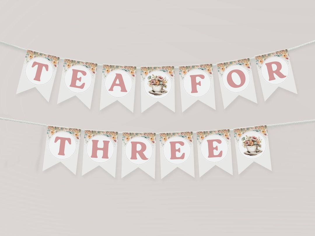 Tea Party Birthday Banner Template | Editable Tea for Three 3rd ...