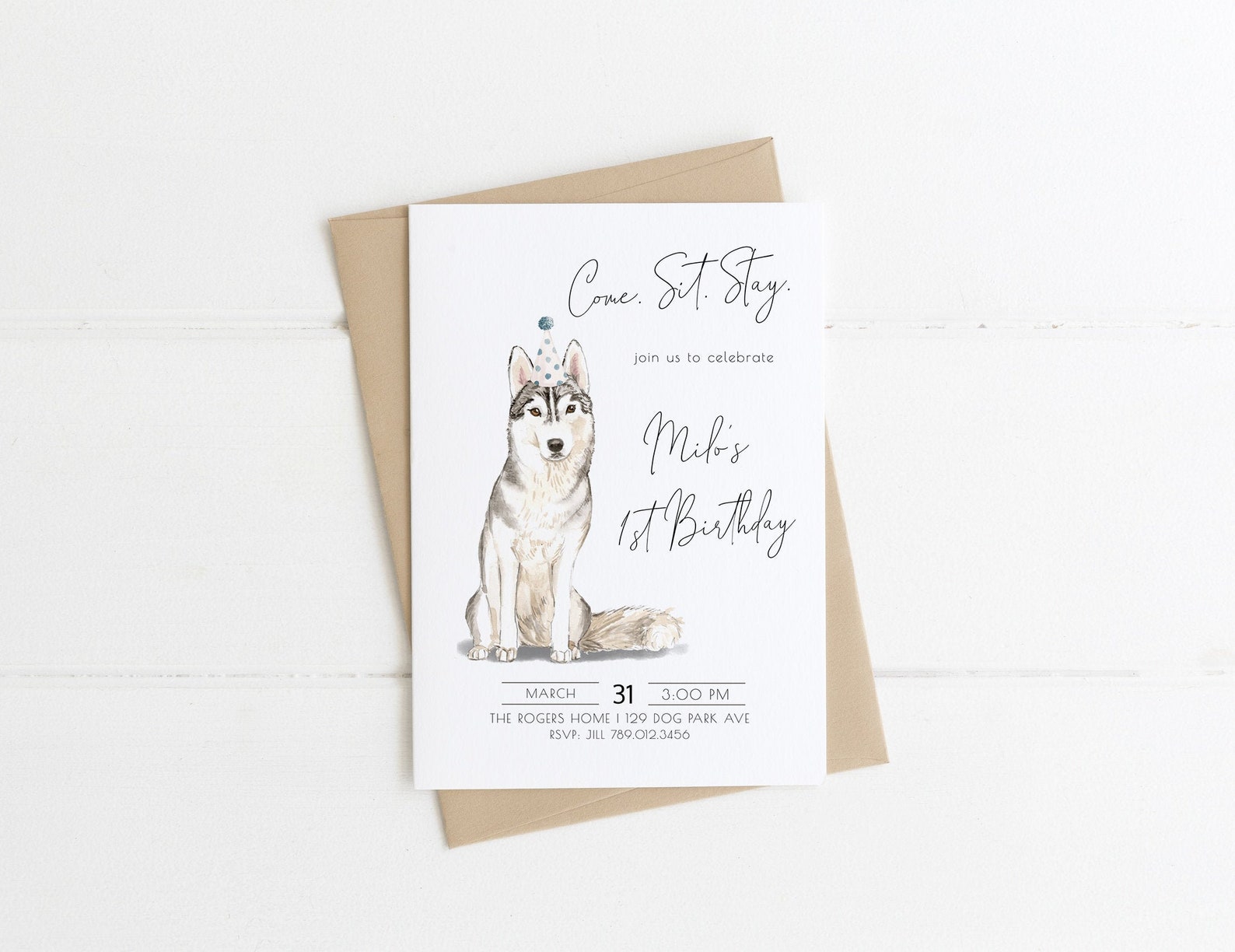 Husky Dog Birthday Invitation White Husky Come Sit Stay Bday - Etsy