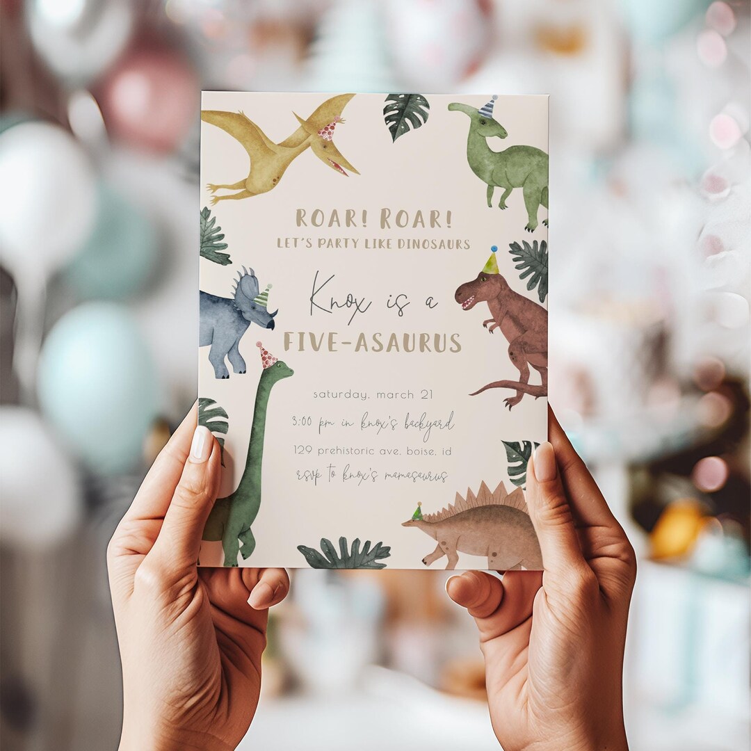 Editable Dinosaur 5th Birthday Invitation Template - Five-asaurus Rex ...