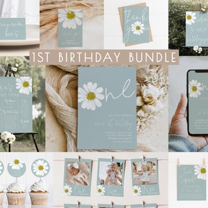 Editable Daisy 1st Birthday Bundle Editable Template Set | Blue Green ...