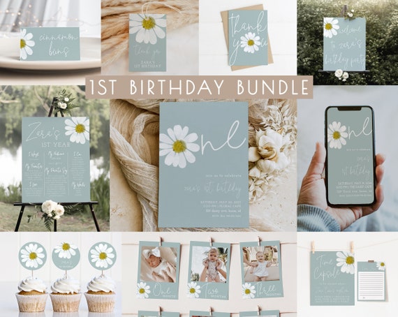Editable Daisy 1st Birthday Bundle Editable Template Set - Etsy