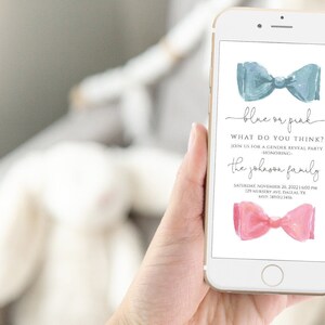 Bows Gender Reveal Text Invitation | Blue Pink What Do You Think ...
