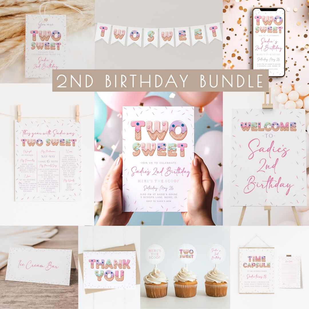 TWO Sweet 2nd Birthday Template Bundle | Editable Ice Cream Girl Second ...