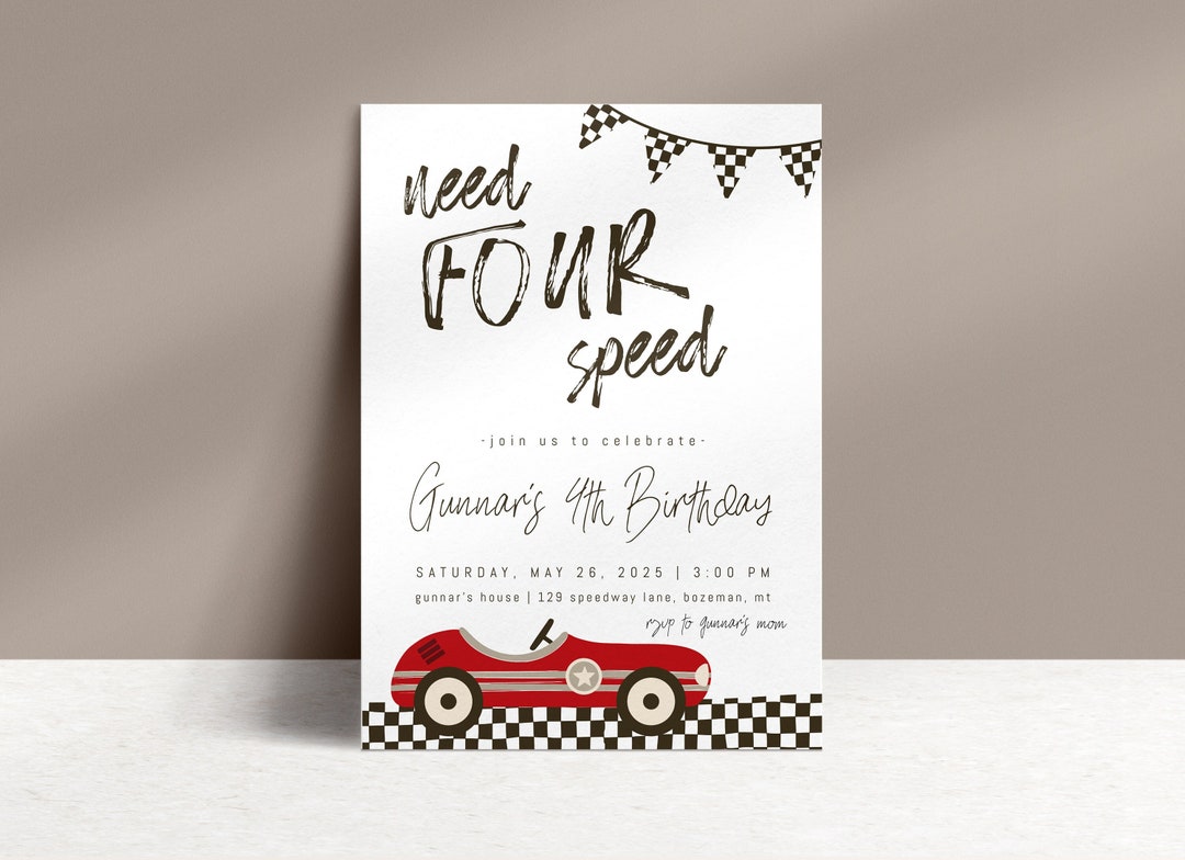 Need FOUR Speed Birthday Invitation Template Editable Red Race Car 4th ...