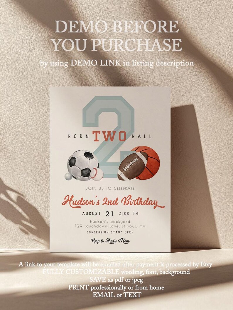 Born TWO Ball Invitation: Sports 2nd Birthday Party (editable Template ...