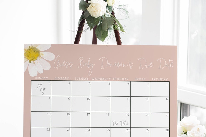 Guess Baby's Due Date Calendar Template Girl Daisy Pink | Etsy