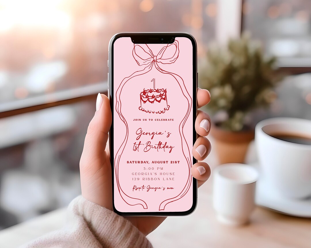 Bow 1st Birthday Text Invitation Template | Editable Coquette Pink Hand ...