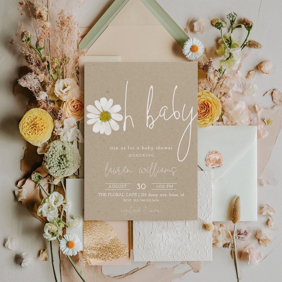 Daisy Baby Shower Invitation Template | Brown Daisy Baby Sprinkle ...