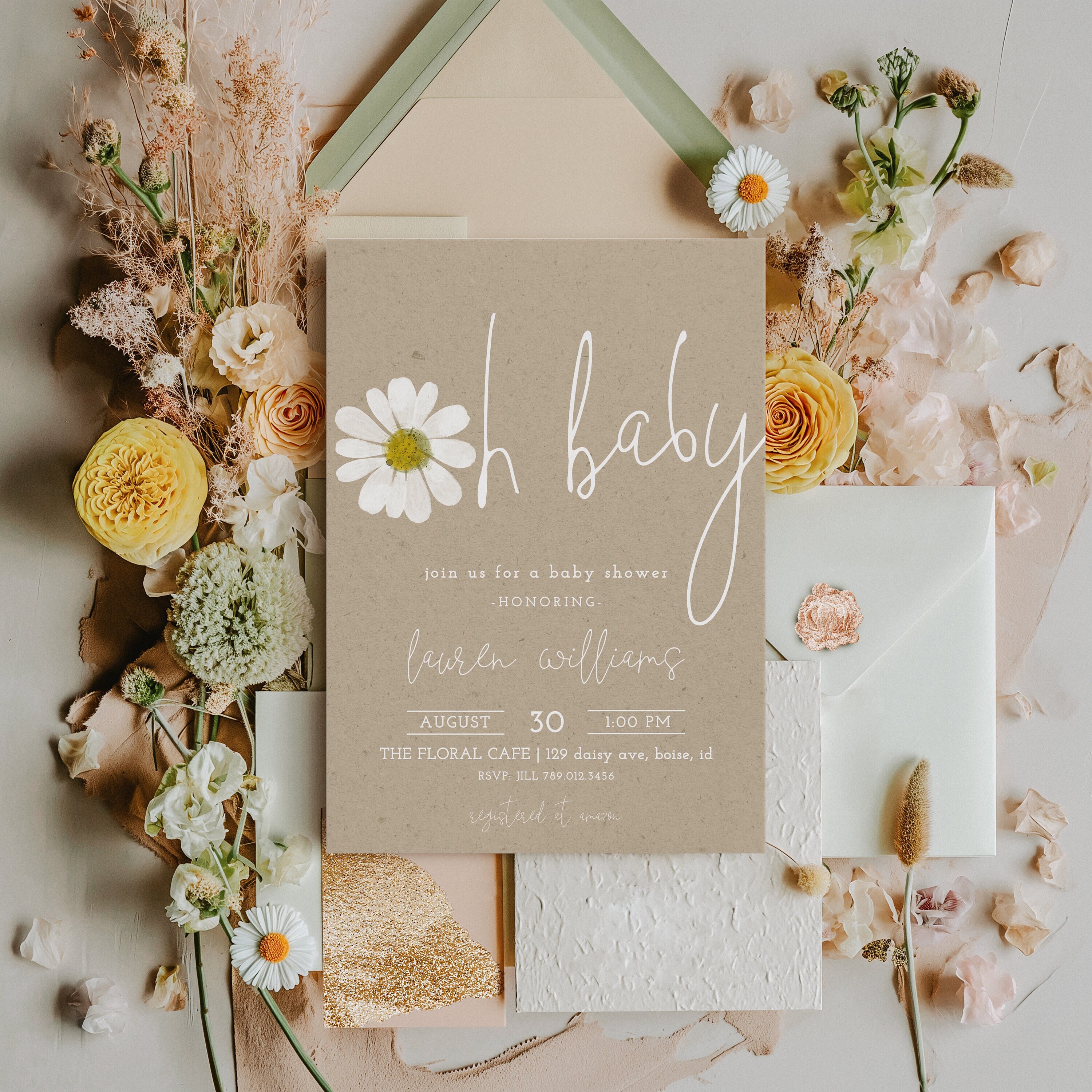 Daisy Baby Shower Invitation Template | Brown Daisy Baby Sprinkle ...