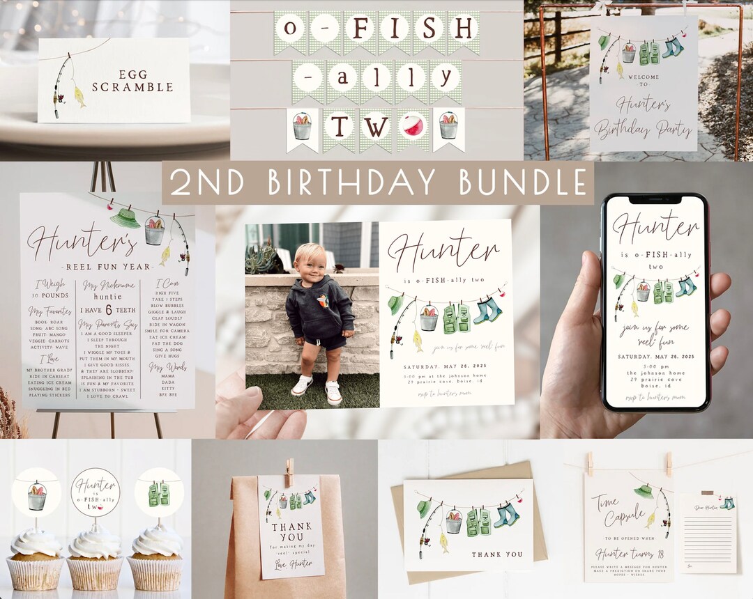 Fisherman 2nd Birthday Bundle Editable O-fish-ally TWO Fly Invitation ...