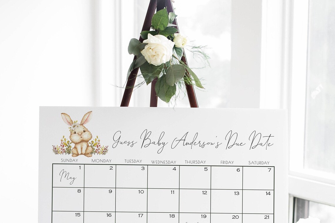 Bunny Guess Baby's Due Date Calendar Template Baby Shower | Etsy