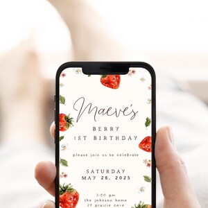 Berry 1st Birthday Text Invitation Template | Editable Strawberry First ...