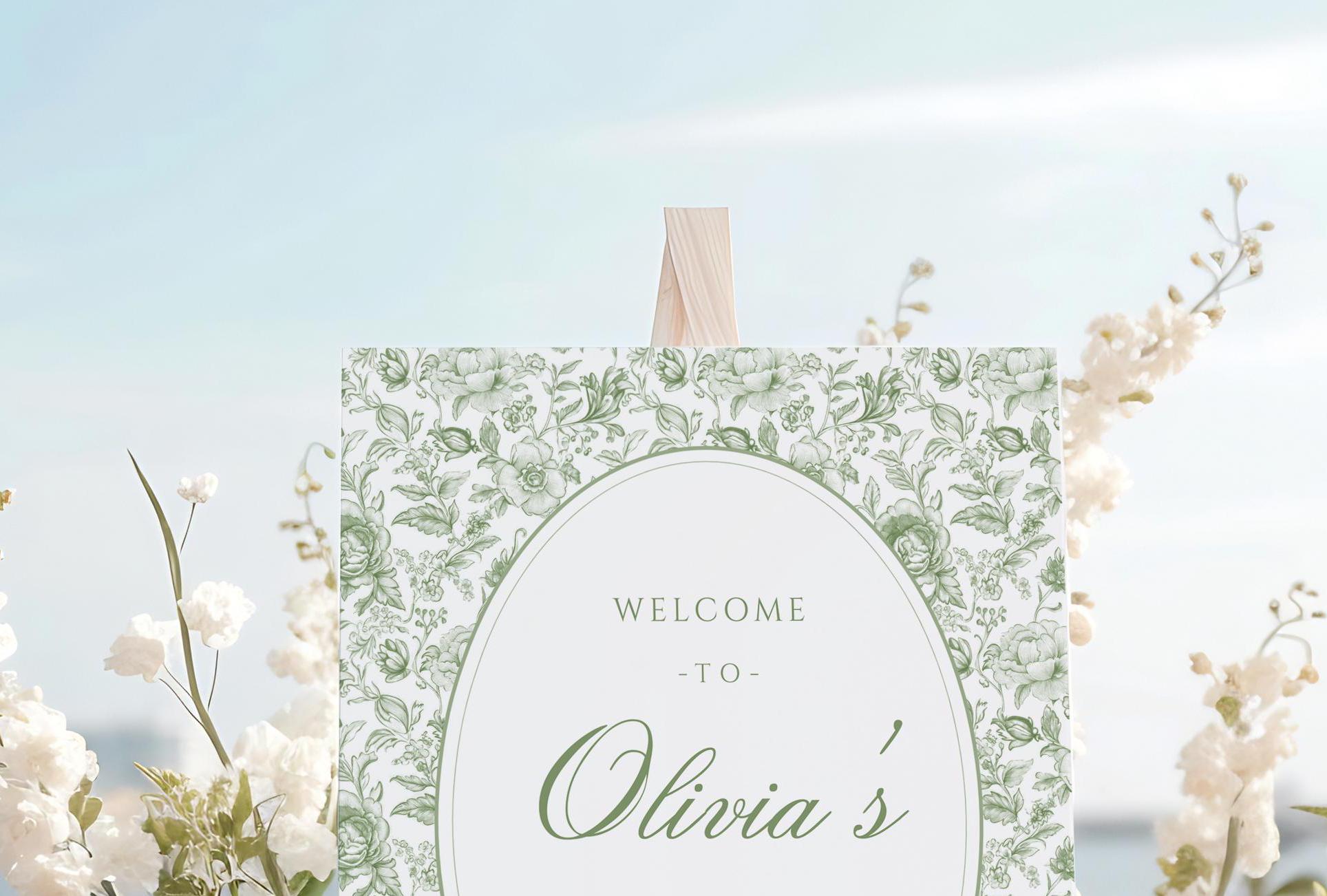 Editable Green Toile Welcome Sign Template | Chinoiserie Bridal Shower ...