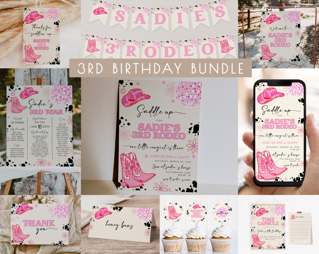 Cowgirl 3rd Rodeo Birthday Bundle Editable Template Set | Disco Cowgirl ...