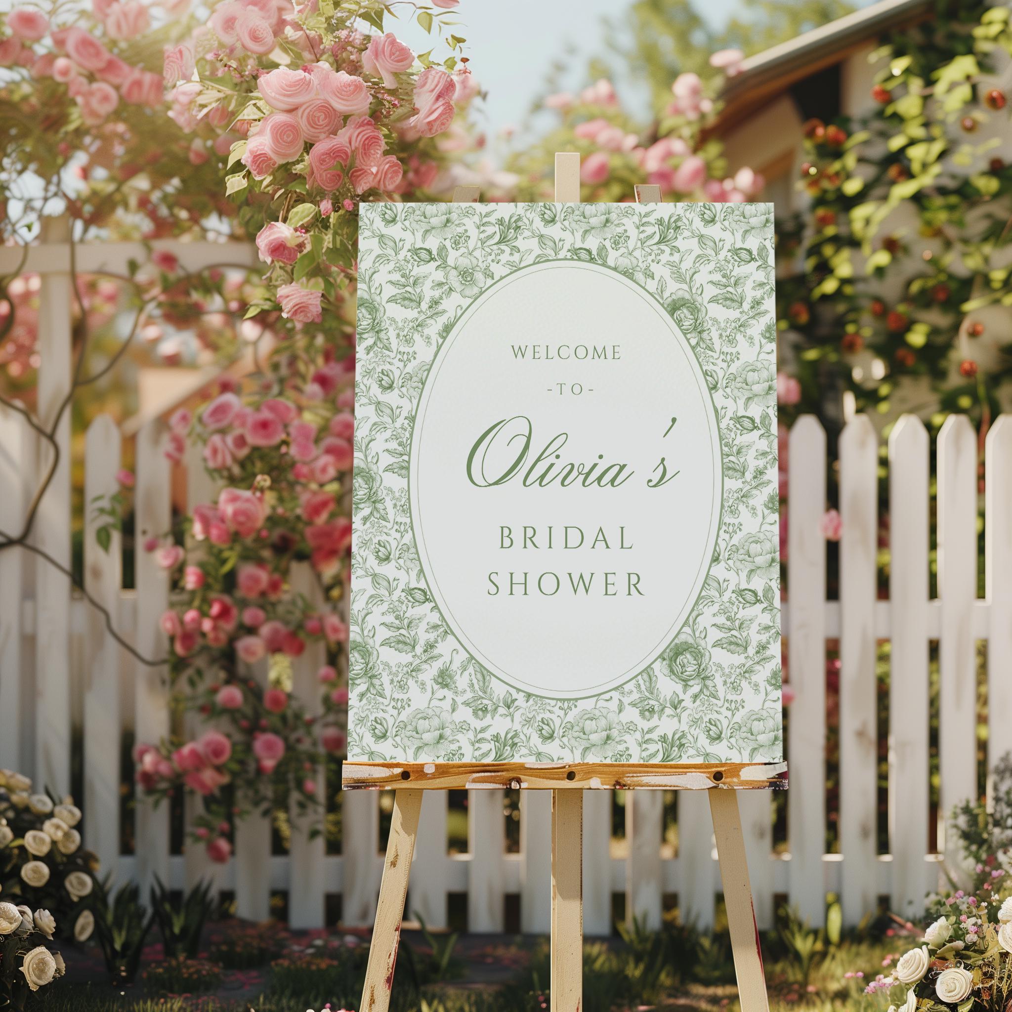 Editable Green Toile Welcome Sign Template | Chinoiserie Bridal Shower ...