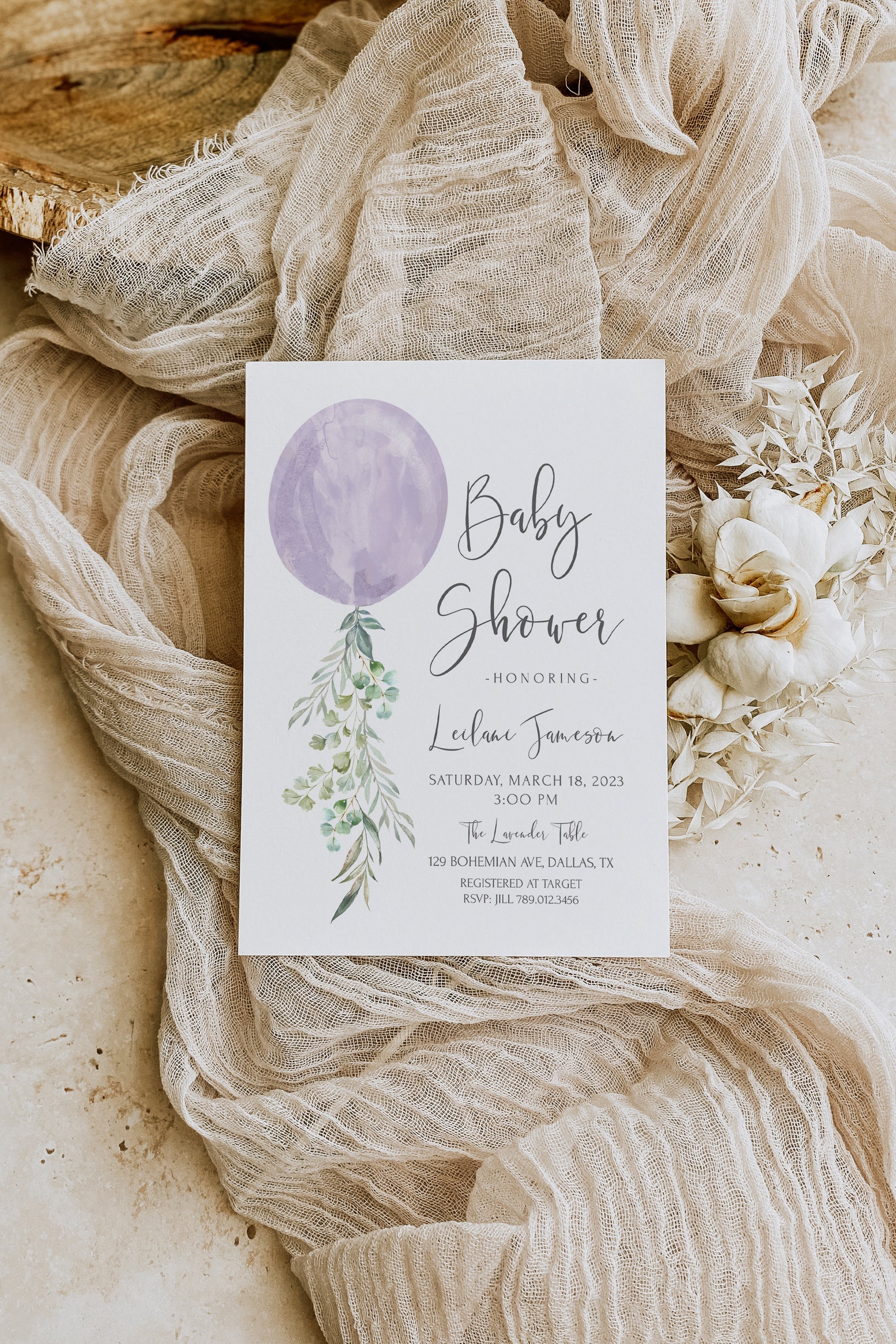 Purple Baby Shower Invitation Template | Editable Lavender Ready to Pop Greenery Balloon Baby ...