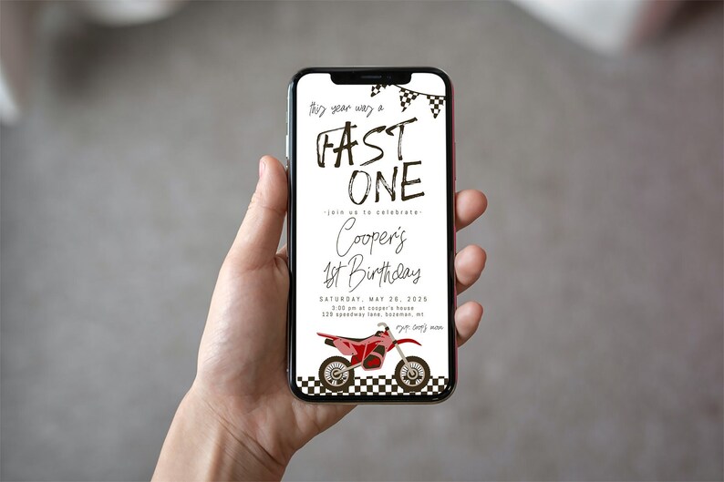 Editable Dirt Bike 1st Birthday Text Invitation Template | Red Fast ONE ...