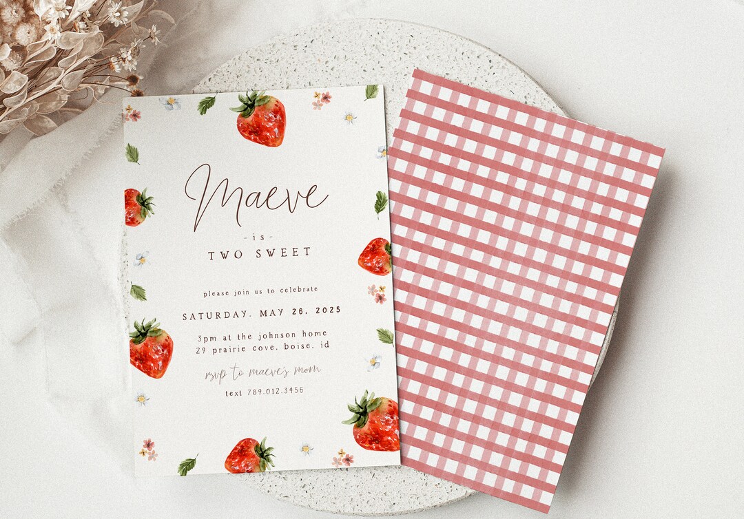TWO Sweet Strawberry Birthday Invitation | Berry Second Birthday Invite ...