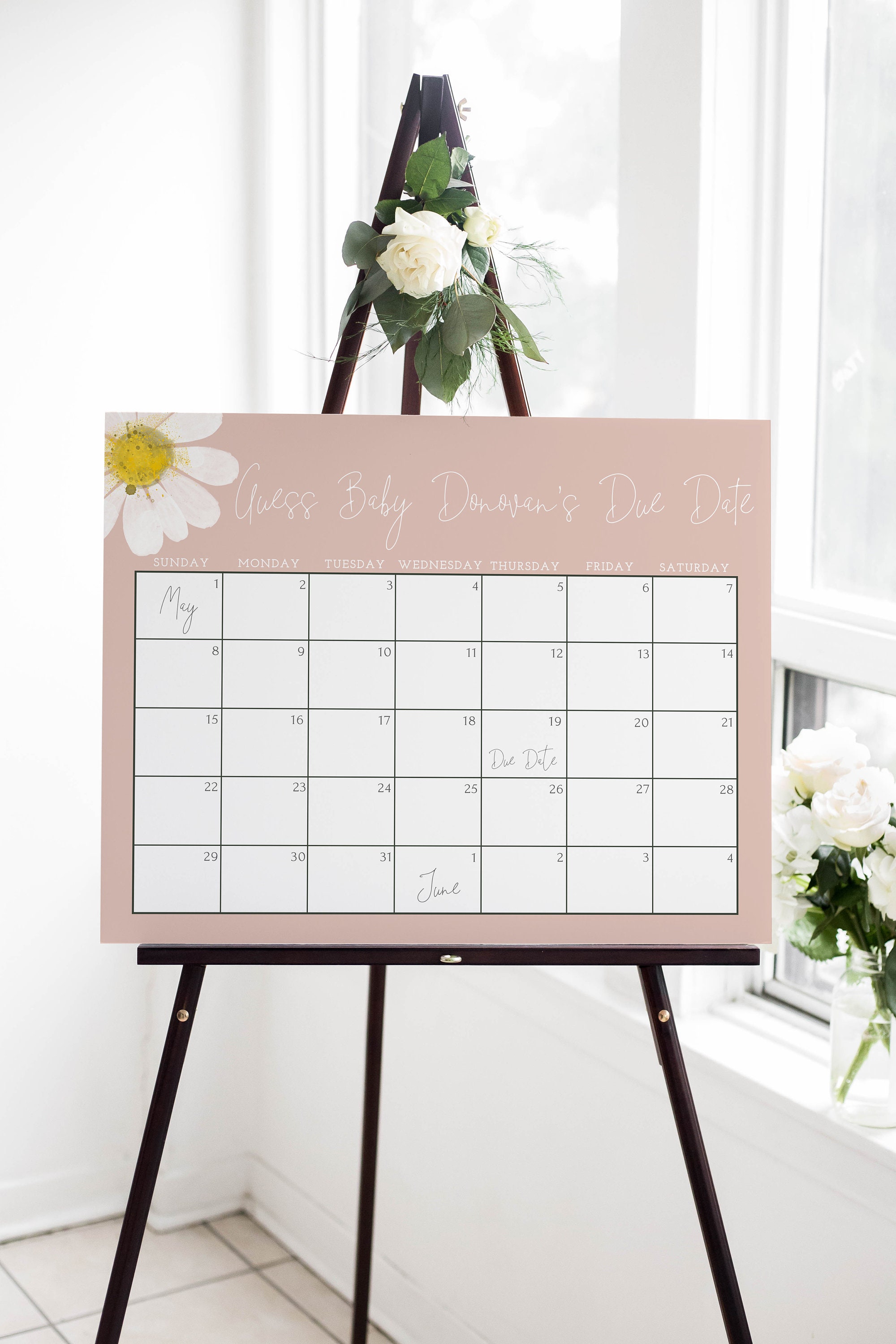 Guess Baby's Due Date Calendar Template Girl Daisy Pink | Etsy