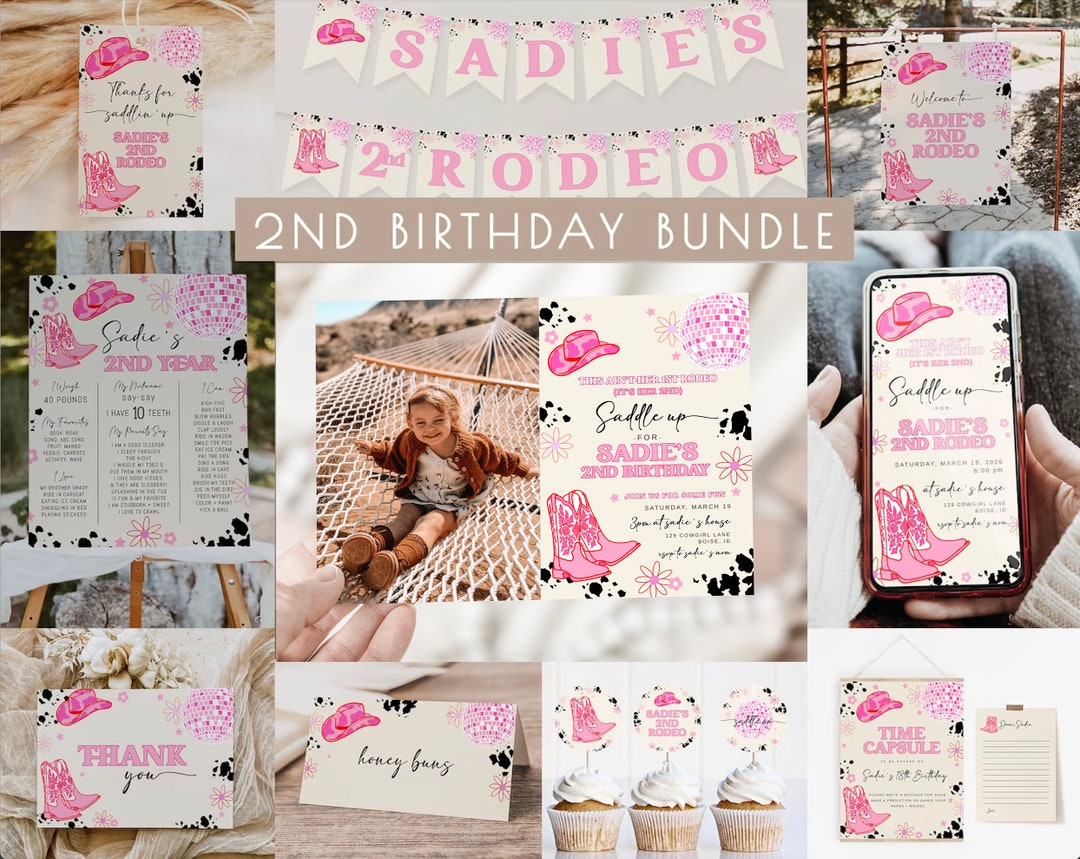 Editable Girl 2nd Rodeo Birthday Bundle Template Set | Disco Cowgirl ...